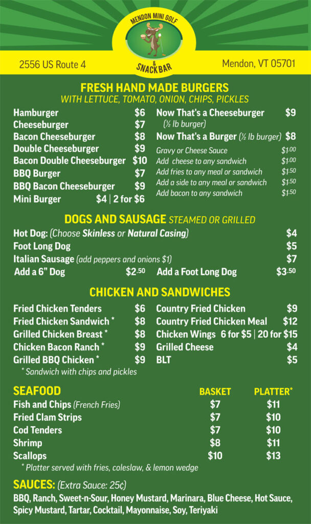 Snack Bar Menu – Mendon Mini Golf